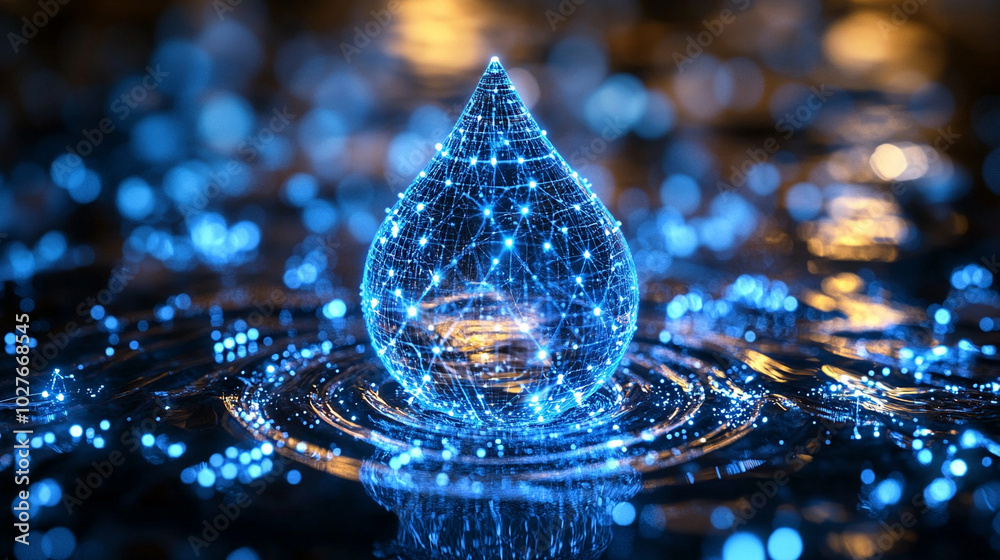 digital water drop icon features cascading binary code, symbolizing the ...