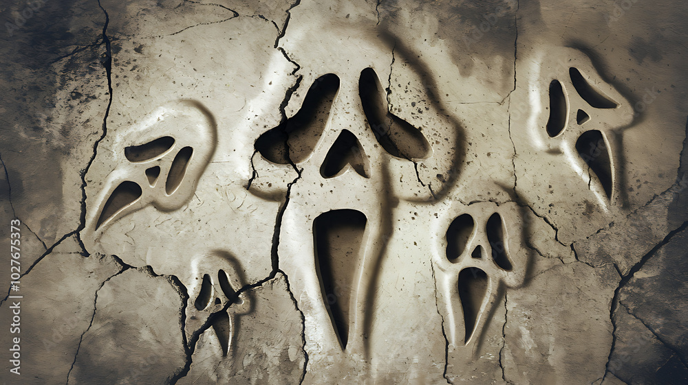 Scary Halloween Ghost Face Mask on Cracked Wall in White and Grey for ...