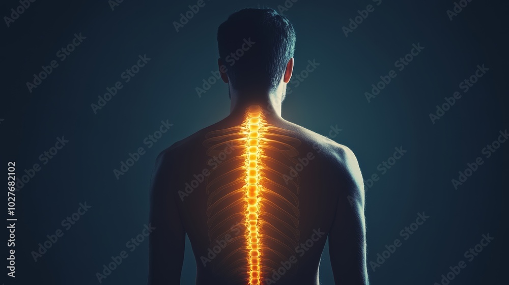 Shirtless man standing back to camera with highlighted spine ...