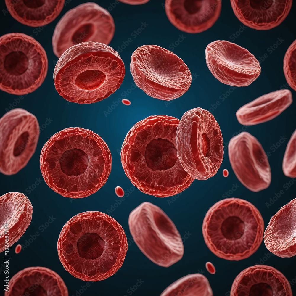infected red blood cells flowing through a vein in a microscopic view ...