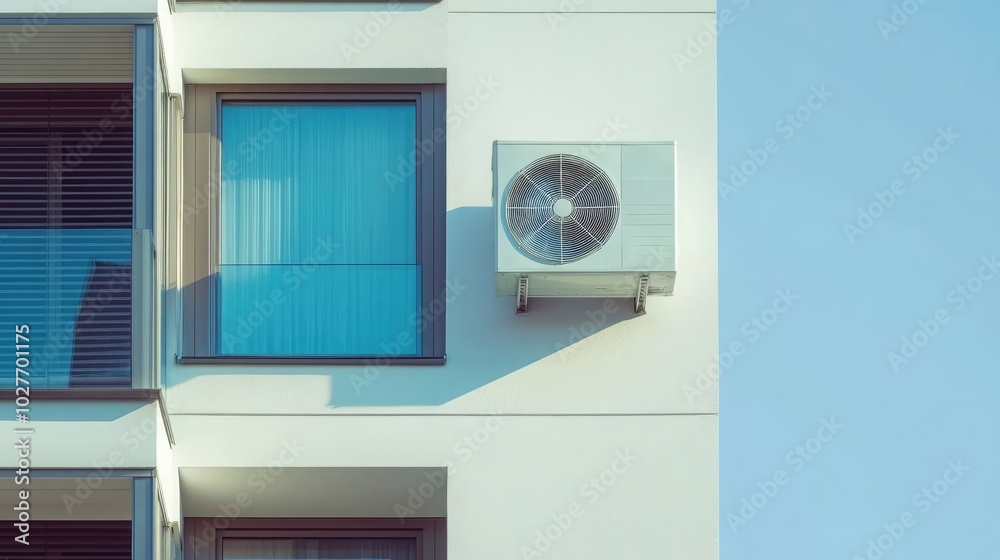 Air conditioner unit installed on the exterior wall of a modern ...