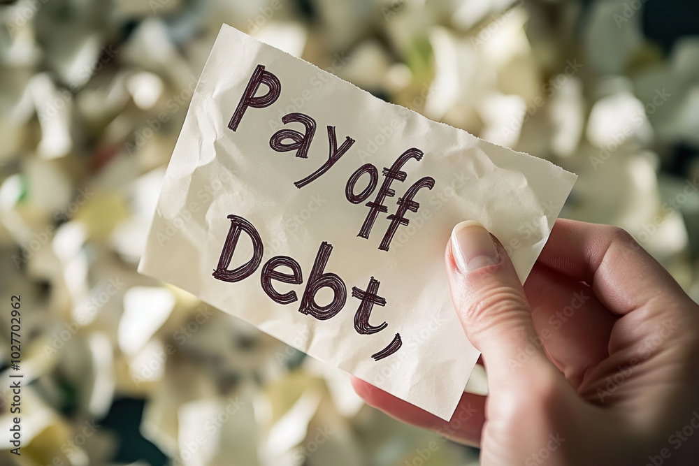 Person holding paper with words "pay off debt." Background shows neat ...