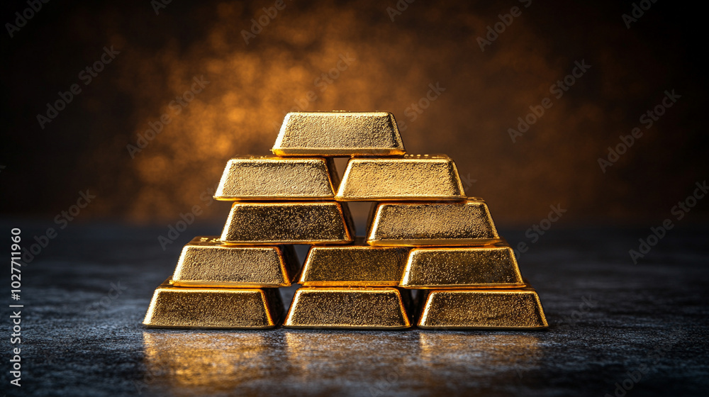 pure gold bars arranged neatly, symbolizing wealth, success, and financial stability. Represents ...