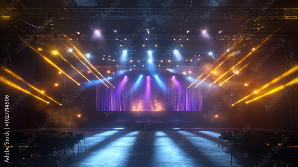 Create a 3D render illustration of an outdoor concert stage featuring ...