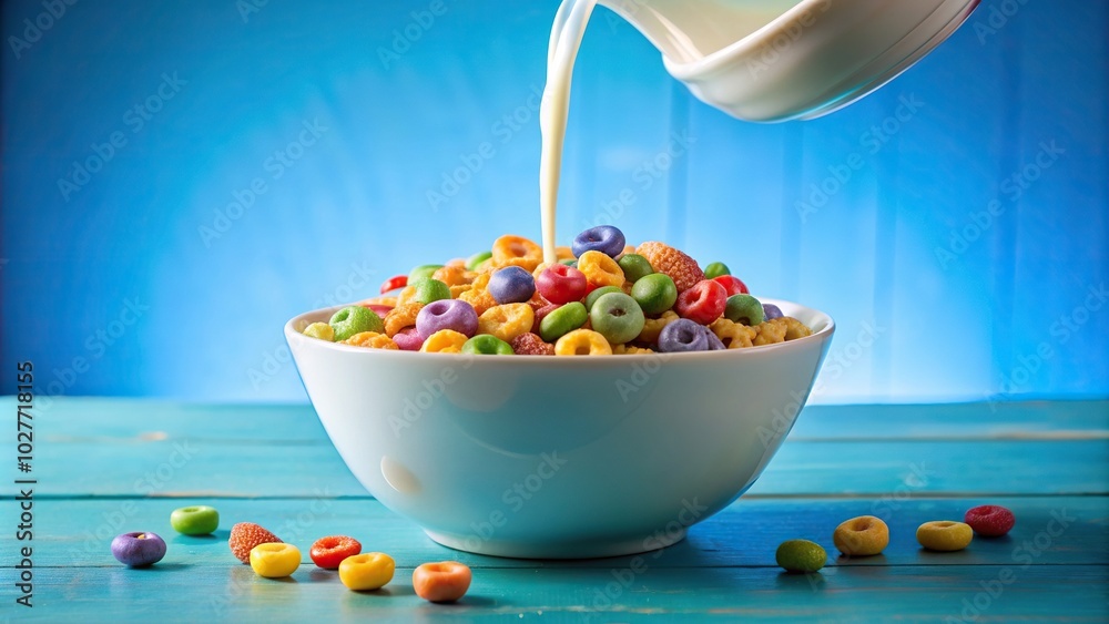 Milk is being poured into a plate filled with colorful cereal as seen ...