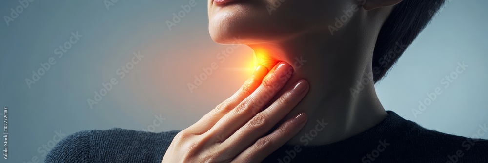 Woman in pain, touching her sore throat with redness and inflammation ...