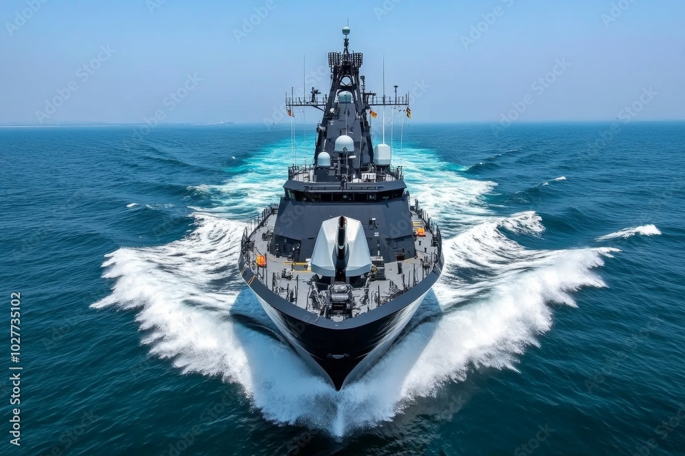 Naval destroyer patrolling the open ocean, with radar and weaponry ...