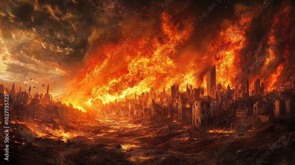 Destruction of Sodom and Gomorrah, fire raining from the sky, intense ...