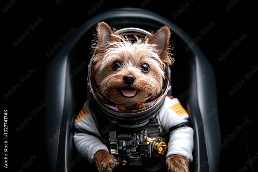 Yorkshire Terrier in a space suit, floating in zero gravity inside a ...