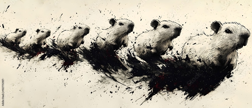 A group of white rodents run across a black and white ink background ...