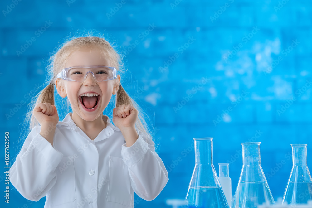 Excited girl in a lab coat celebrates a science experiment with ...