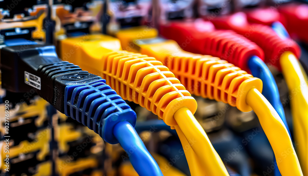 Bunch of cables are tangled together, with some of them being yellow ...