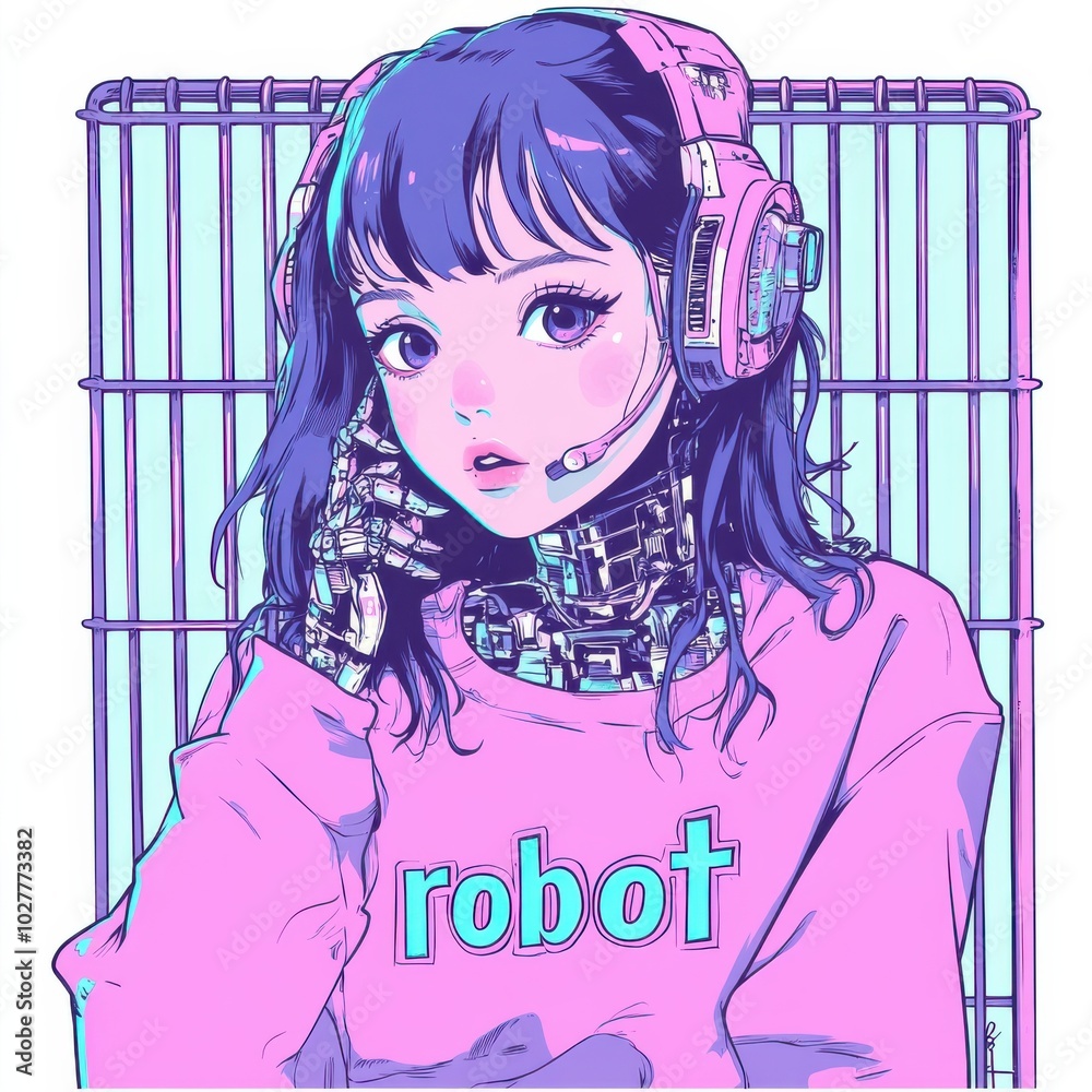 Cool retrowave neon y2k anime girl manga for t-shirt design with bold ...