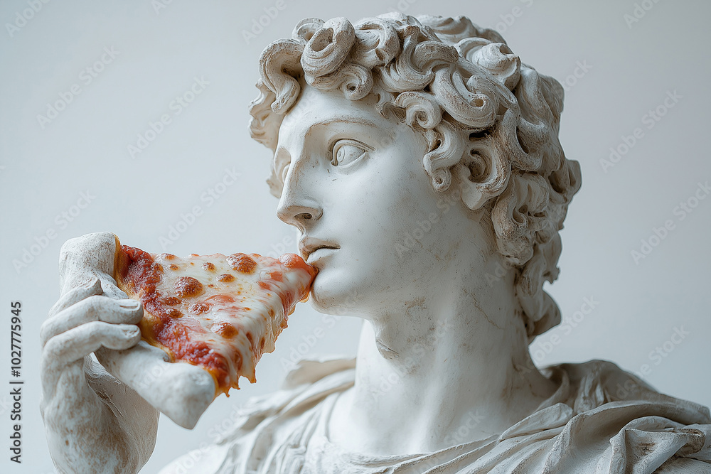 Greek statue eating pizza. Ancient statue enjoying delicious slice of ...