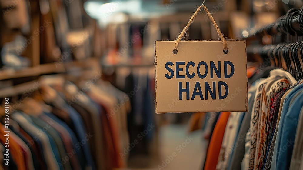 A cardboard label featuring the words "Second Hand" is shown in a ...