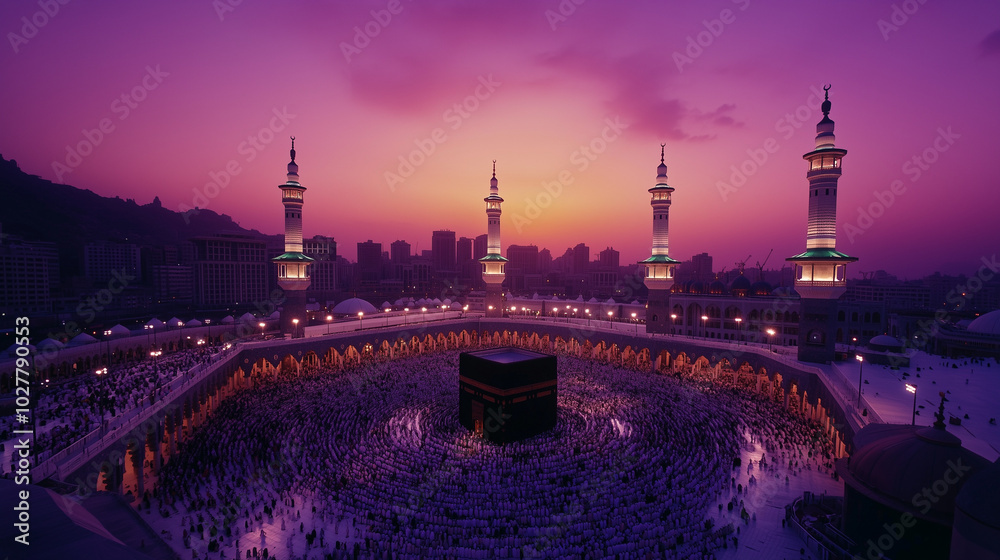 Foto de Grand Mosque in Mecca at dusk, thousands of worshippers praying ...