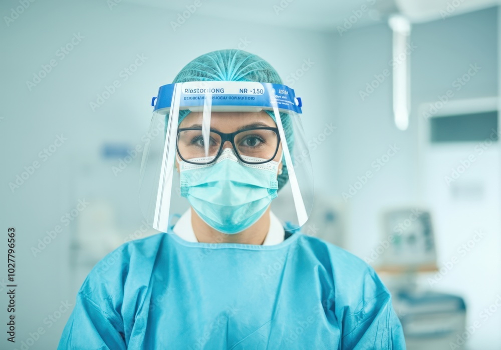 Female doctor wearing a face mask and shield is ready to work in the ...