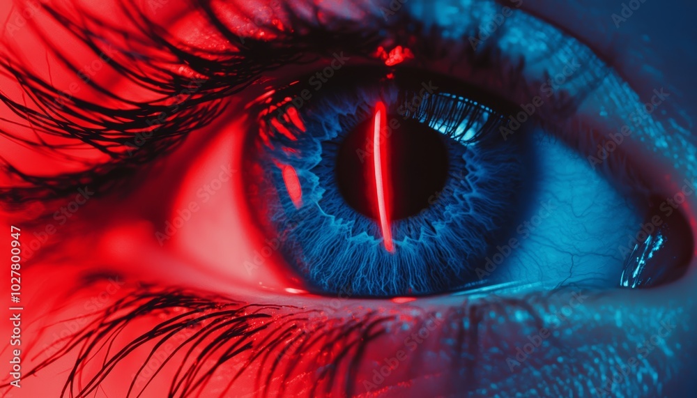 Blue iris with red laser light reflection, symbolizing the future of ...