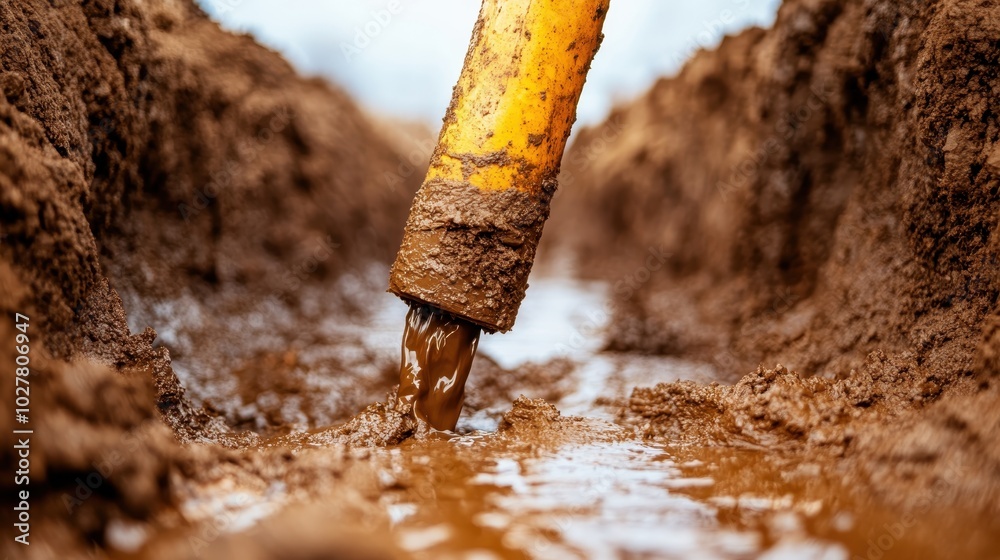 A close-up shot of a muddy tool digging into the earth, capturing the ...