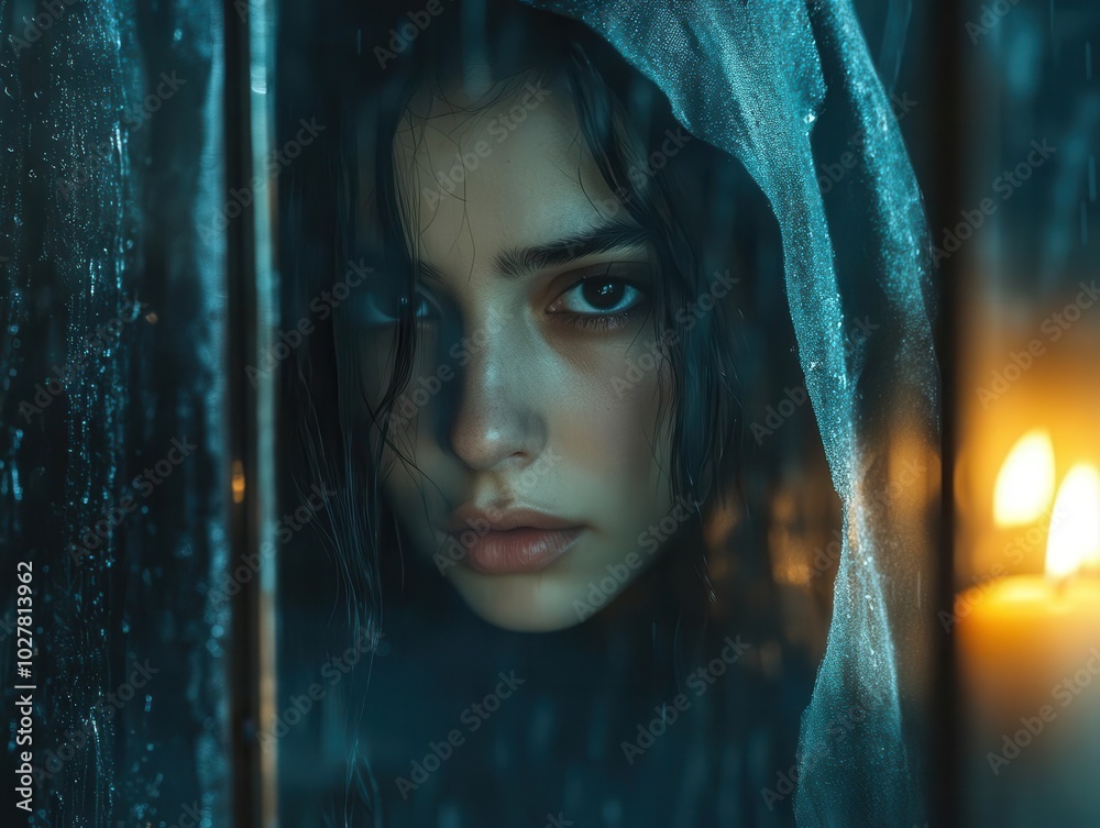 mysterious hooded woman gazing thoughtfully out of a rain-drenched ...