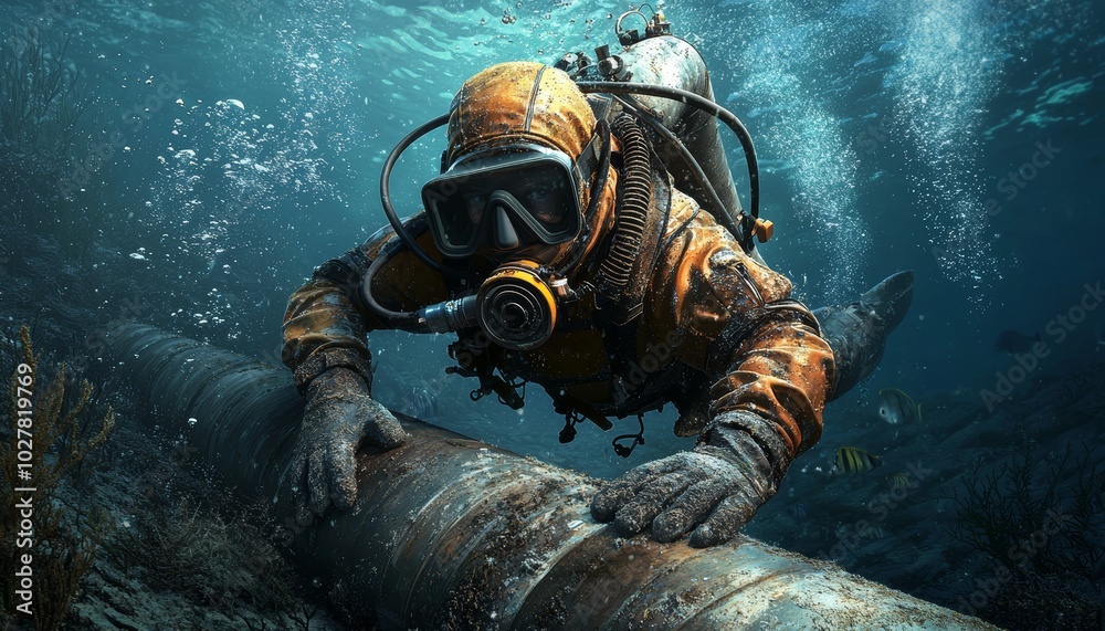 Diver working on a submerged pipeline in deep waters, underwater ...