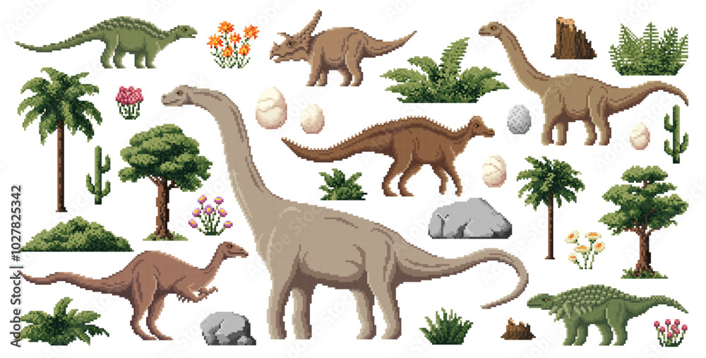8 bit pixel art prehistoric dinosaurs for game assets, vector lizards ...