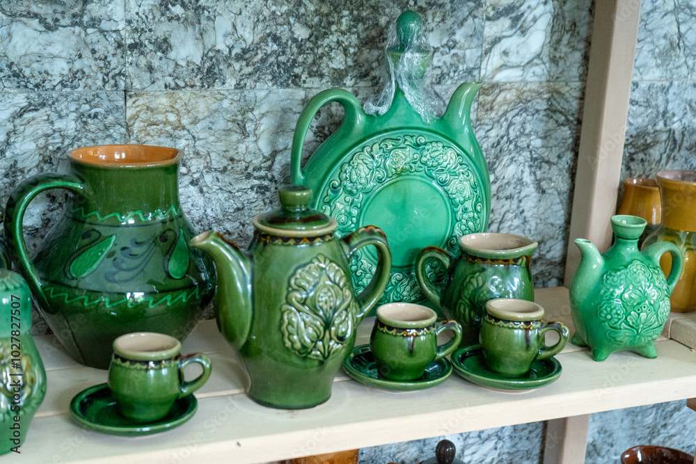Various decanters for wine and drinks. Ukrainian clay ceramics. Green ...