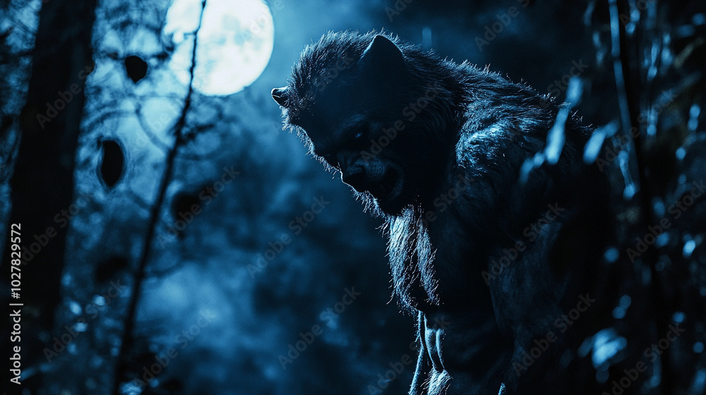 Realistic werewolf transformation under the full moon in a dark, eerie ...