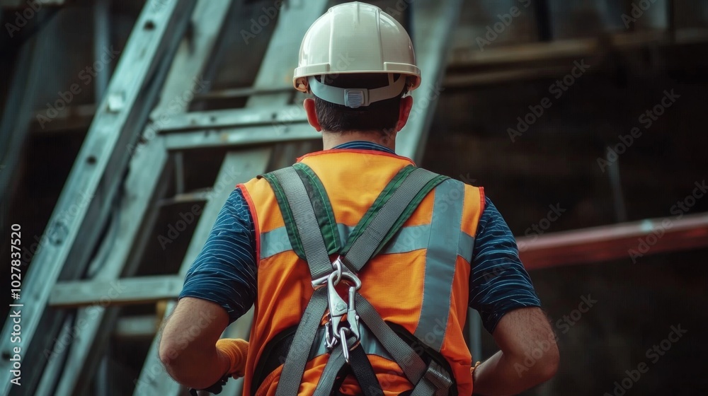 Construction worker putting on a safety harness while wearing a hard ...