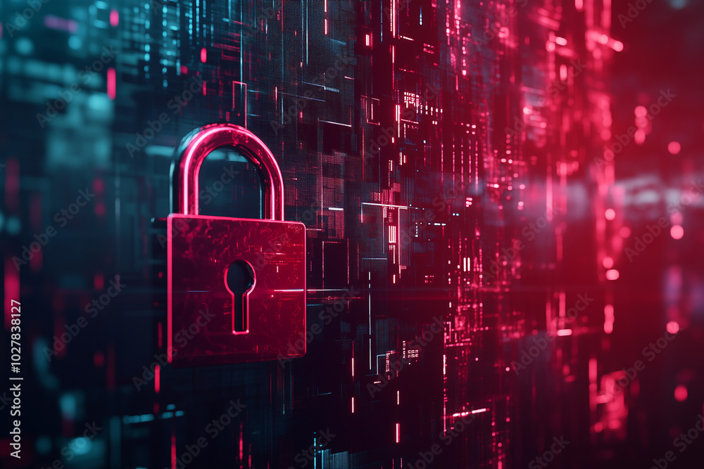 red and blue image of a lock with a key on top of a circuit board. The ...