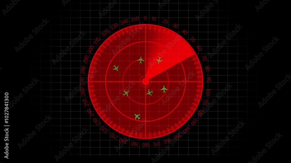 Aircraft signal and guidance radar. red color Signal transmitted radar ...