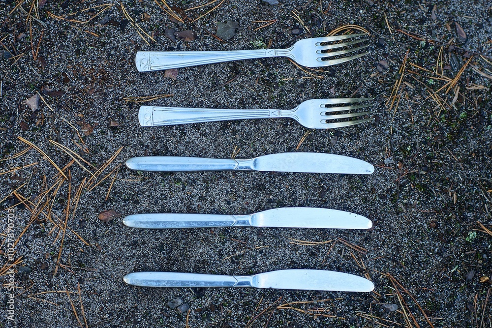 set of old cutlery with patterns iron sharp different dangerous ...