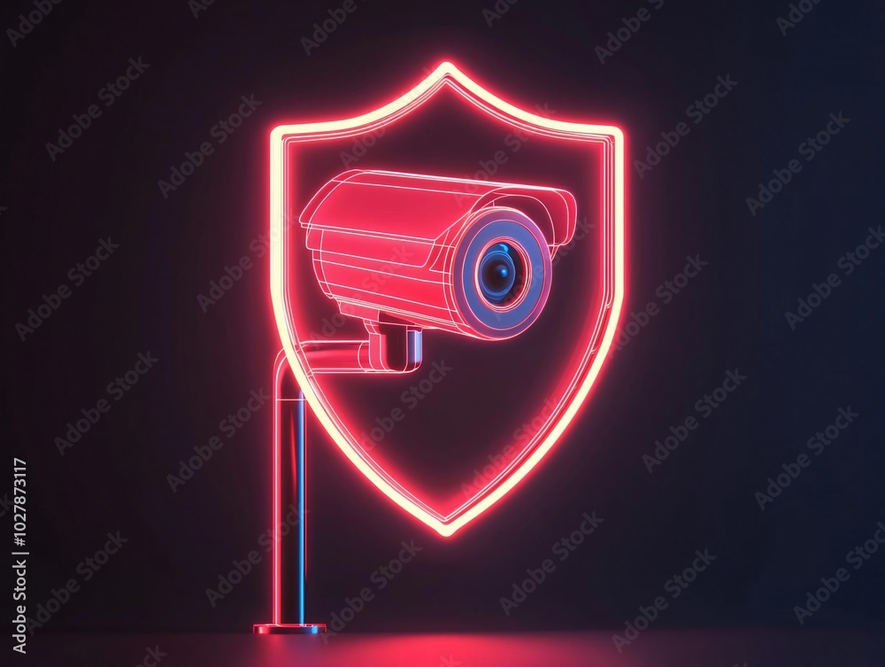 Neon security camera design on a shield background, symbolizing safety ...