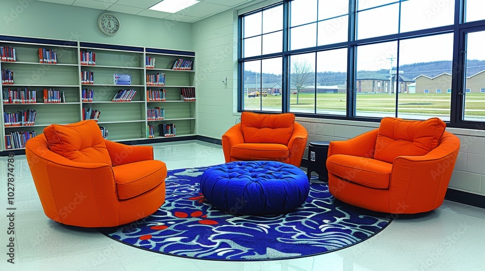 Bright and welcoming library reading corner with colorful orange ...