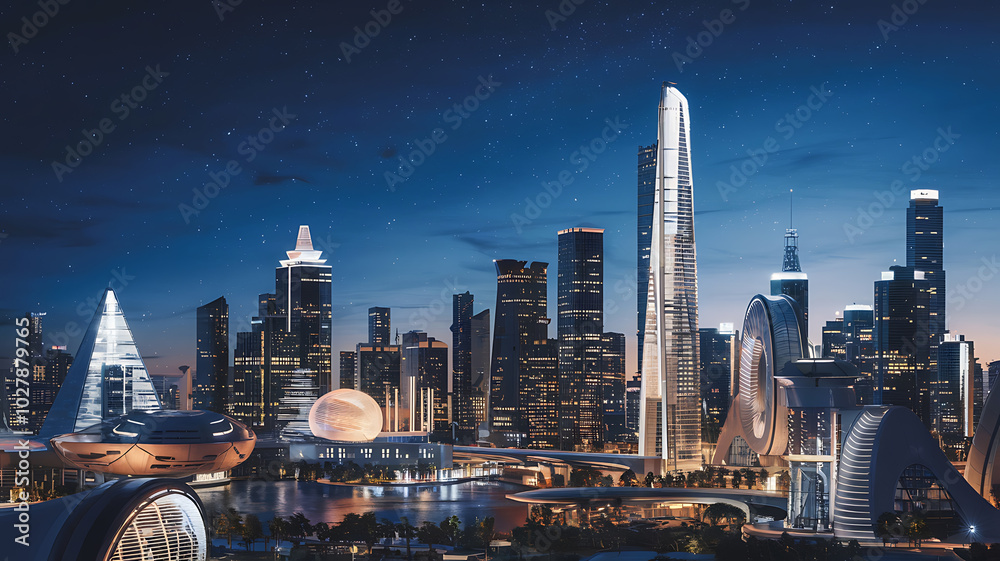 Futuristic city skyline with blue and white colors, a modern ...