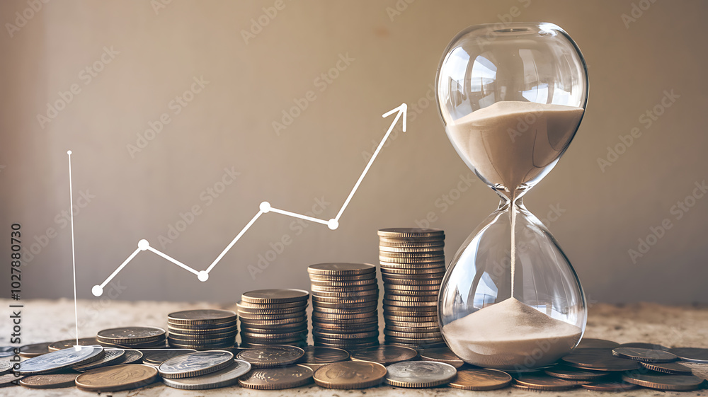 Gold coins and an hourglass represent time and money growth ...