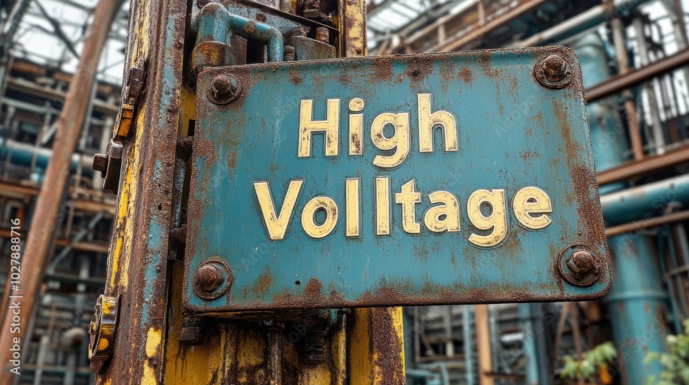 Rusty high voltage warning sign on an old industrial structure ...