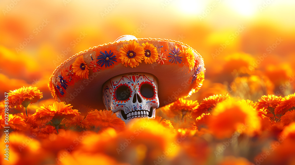 Mexican skeleton with sugar skull makeup and sombrero hat in marigold ...