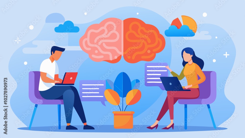 AI-Powered Cognitive Analysis Illustration: Two People Discussing Ideas ...