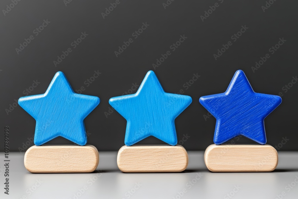 Three blue stars on a black object. object has metallic look. Rating ...