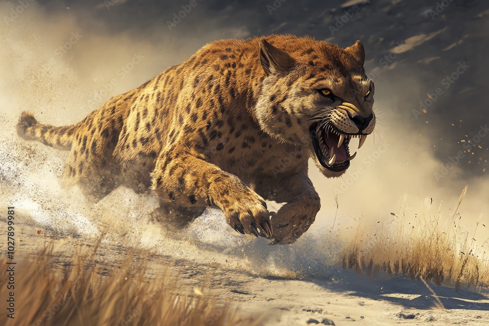 Powerful sabertooth tiger in mid-stride showcases its ferocious speed ...