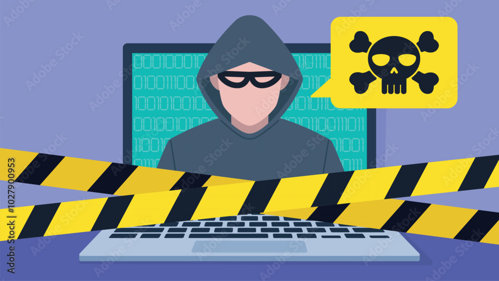 This vector graphic shows a hacker in a hoodie using a laptop with ...