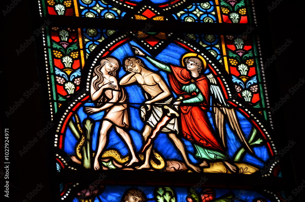 Stained Glass Depiction of the Expulsion of Adam and Eve from Eden ...