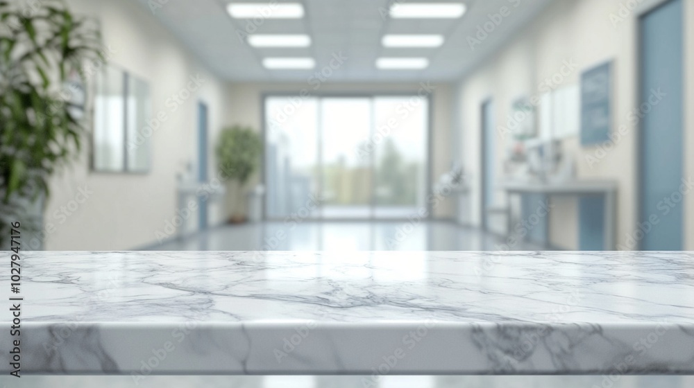 Modern hospital corridor with marble countertop in foreground ...