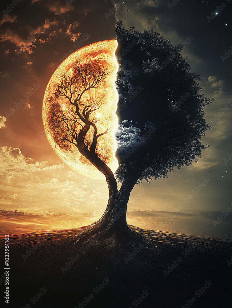 árvore do mundo dividindo o mundo em dia e noite, escuro e claro, yin e ...