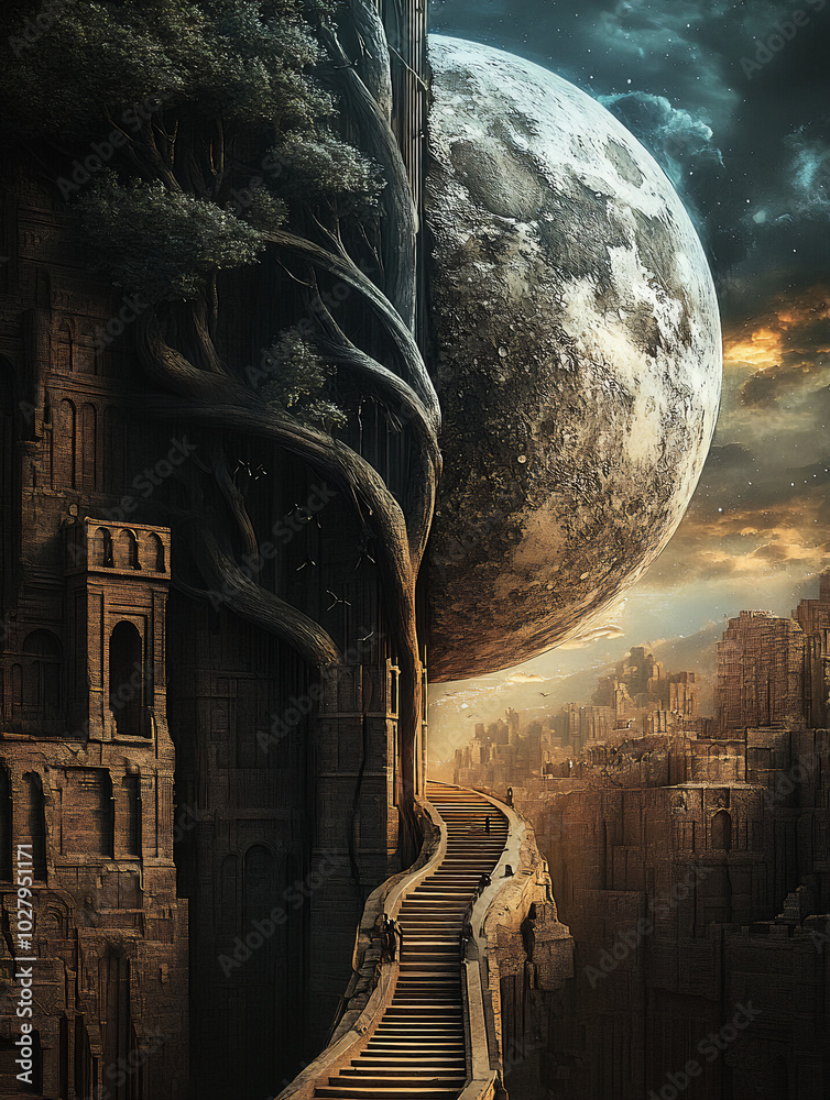 árvore do mundo dividindo o mundo em dia e noite, escuro e claro, yin e ...