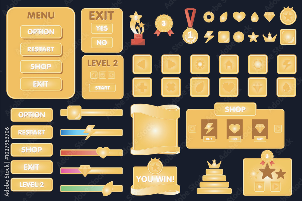 Interface game buttons mega set elements in flat graphic design ...