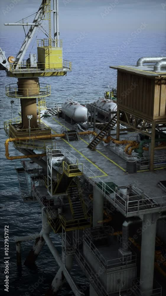 An old oil rig stands towering over the vast expanse of the ocean ...