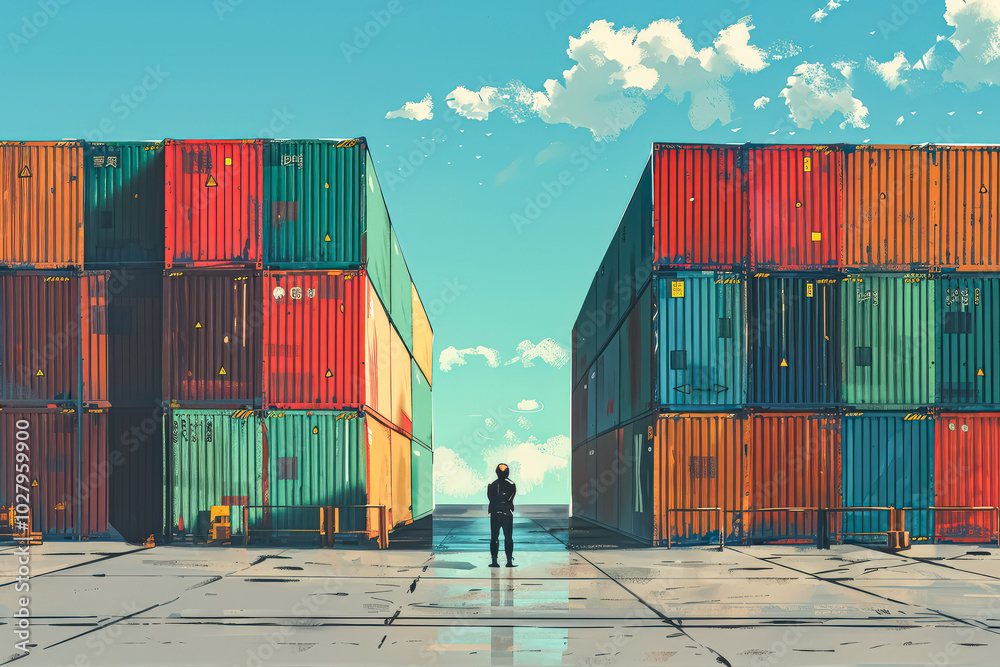 Man in an orange jacket stands in front of a large stack of red ...