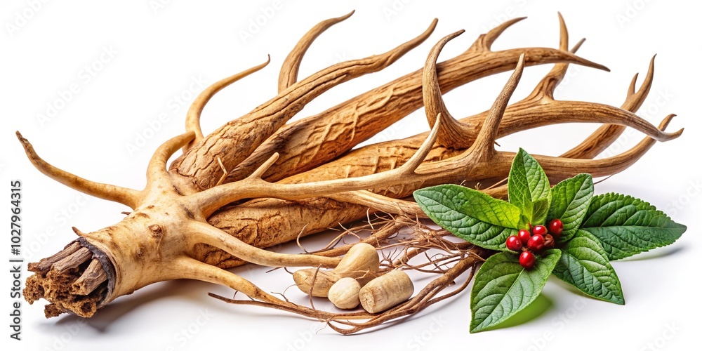 Chinese Medicine Ink Pen Sketch of Deer Antlers and Ginseng Root on ...